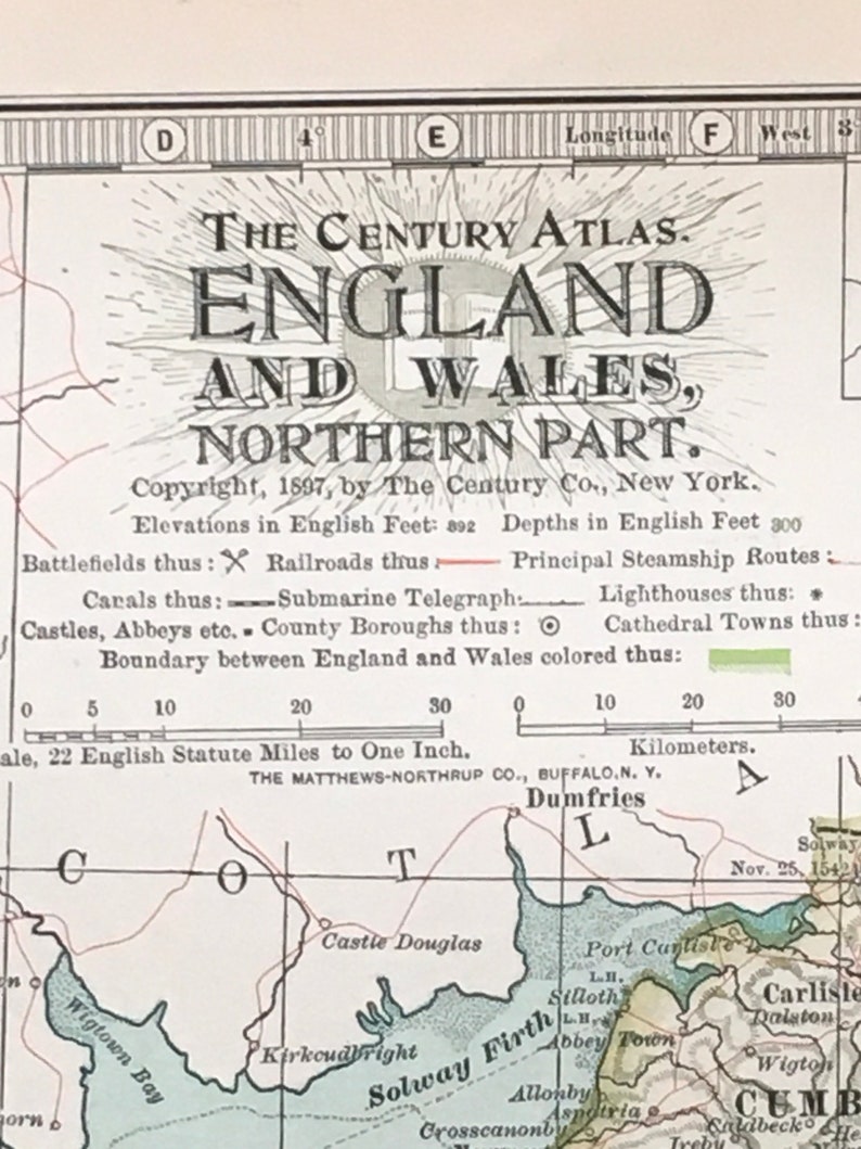 Antique Map England and Wales, Northern Part England, Century Atlas Map ...