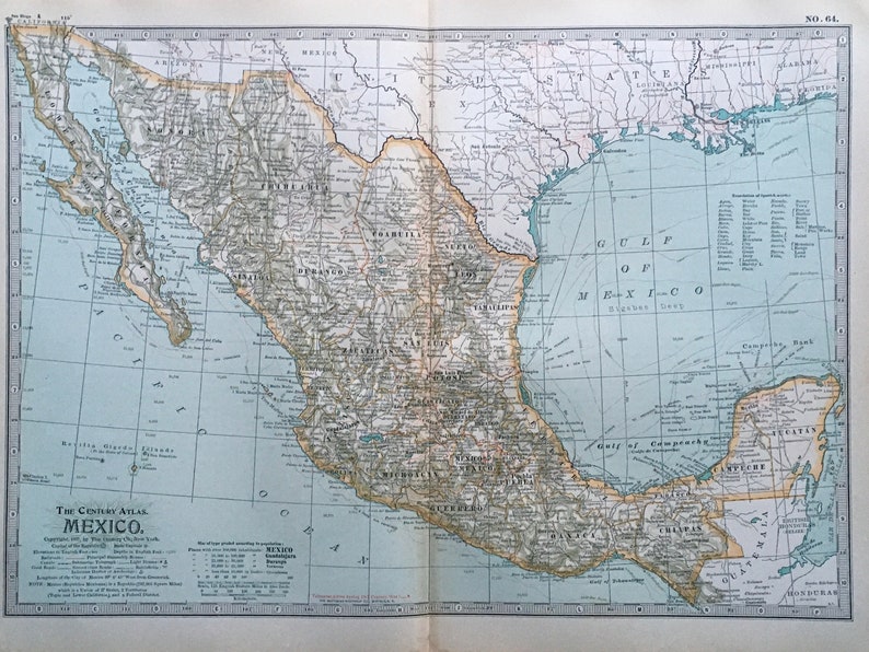 Antique Map Mexico, Old World Map Century Atlas 1800s - Etsy