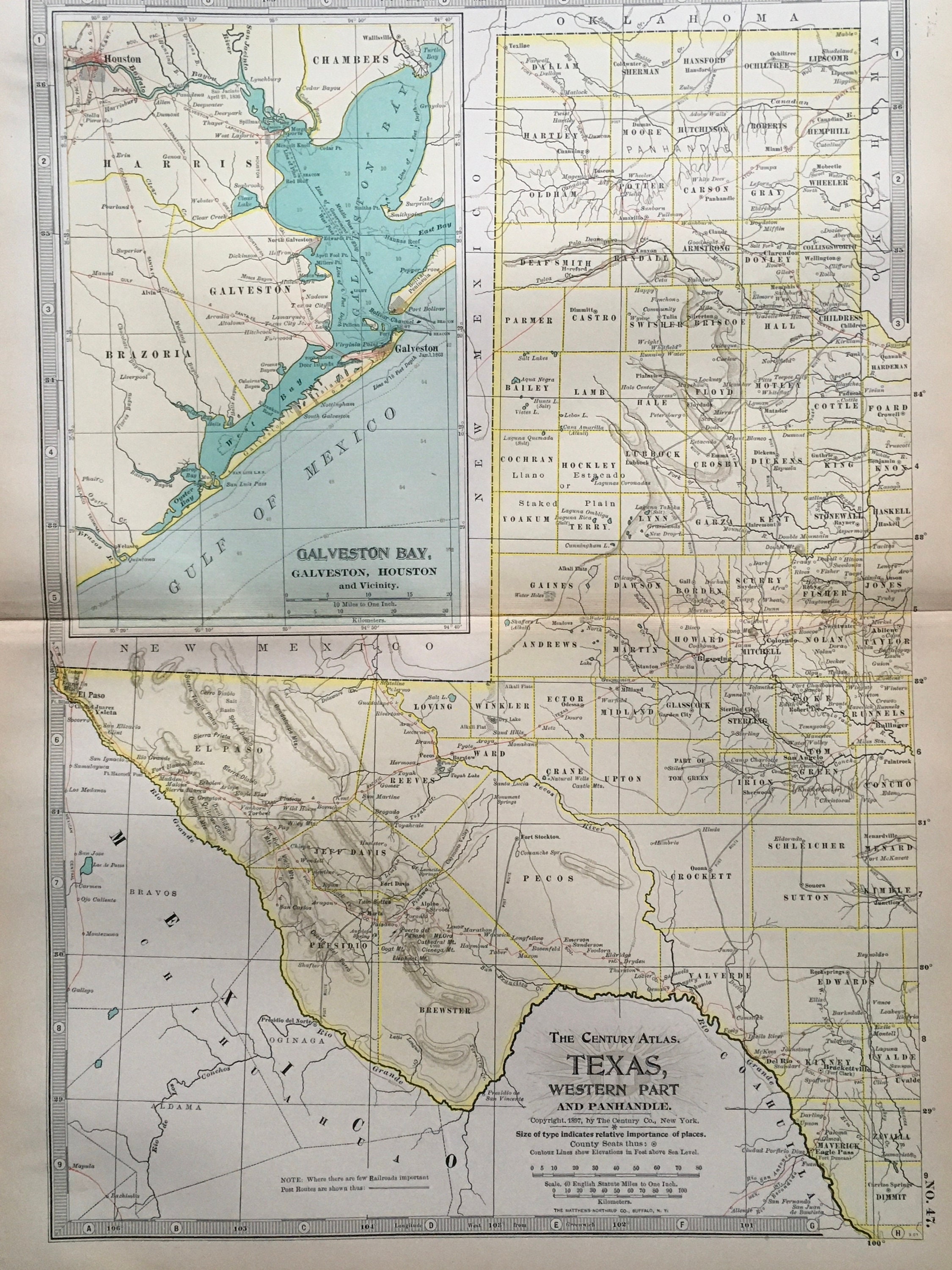 Antique Map Texas Western Part, C. 1897, Texas Panhandle, Galveston Bay ...