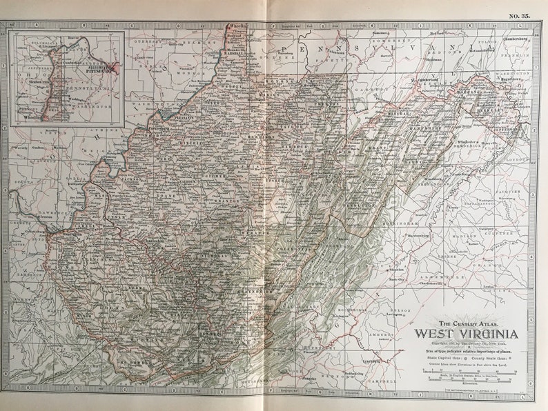 Antique Map West Virginia, 1897 Map, Century Atlas - Etsy