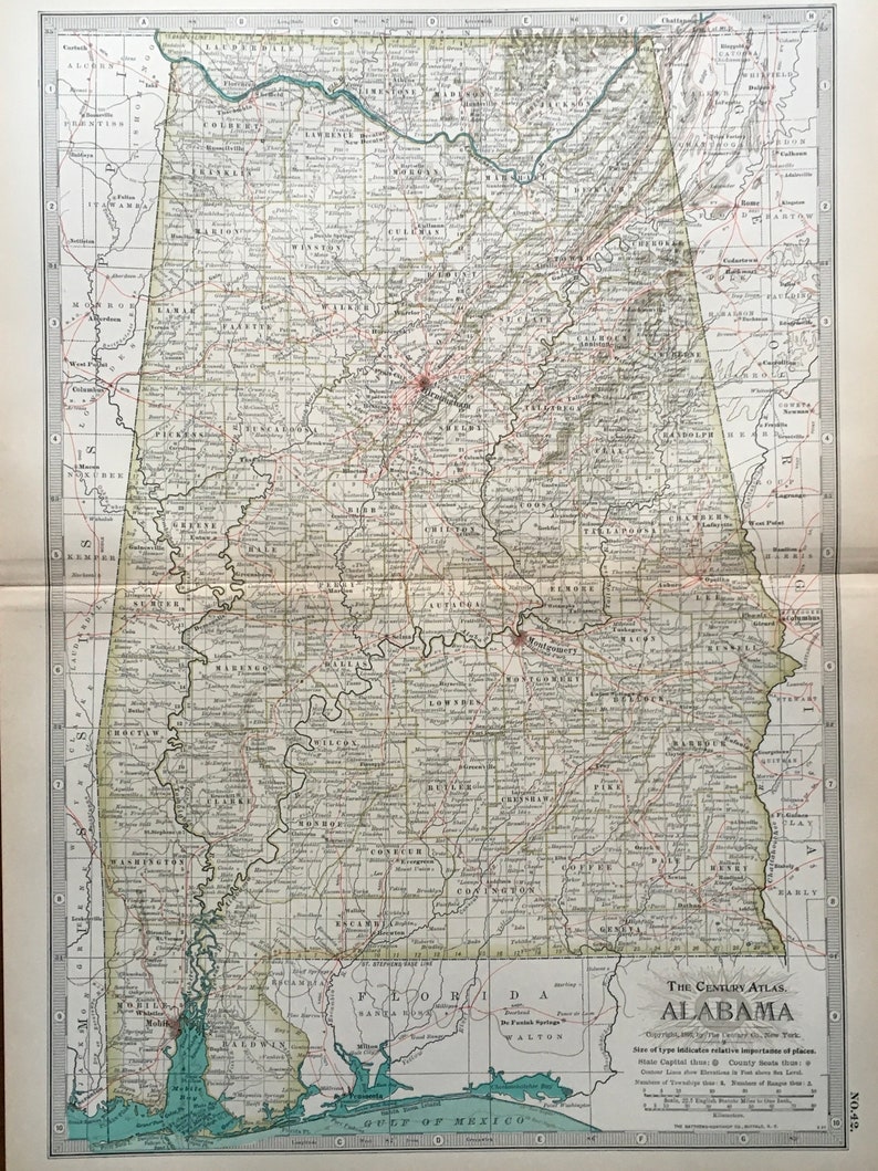 Antique Map Alabama, Century Atlas Map C. 1897 - Etsy
