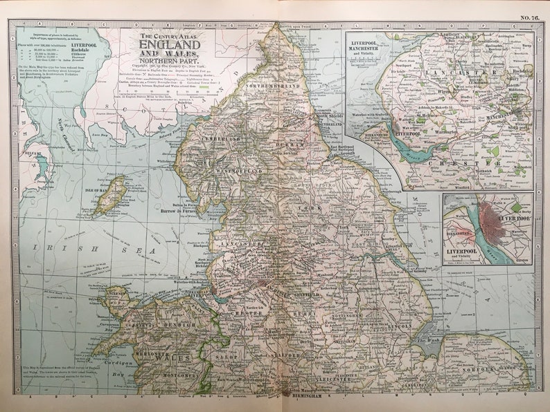 Antique Map England and Wales, Northern Part England, Century Atlas Map ...