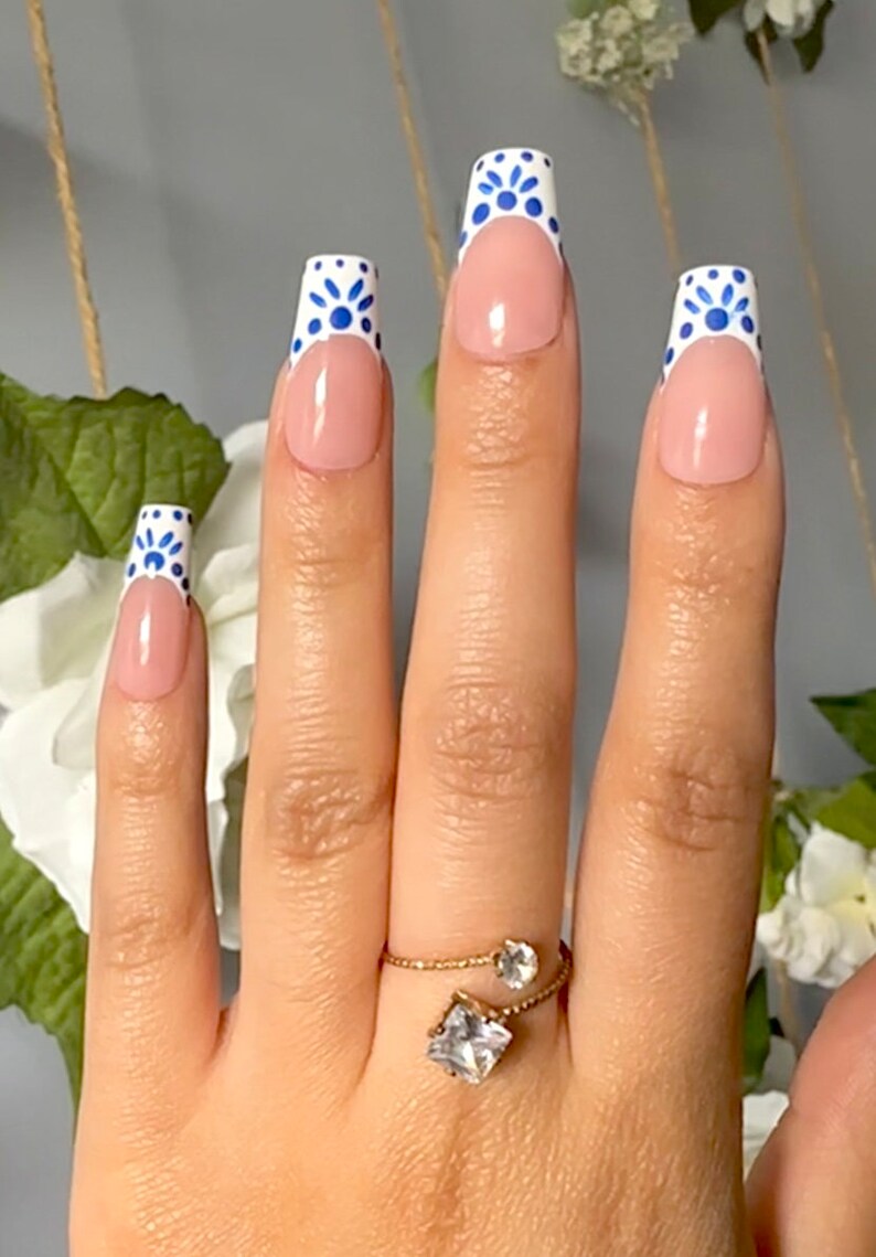 Clase Azul Blue and White Nails - Etsy