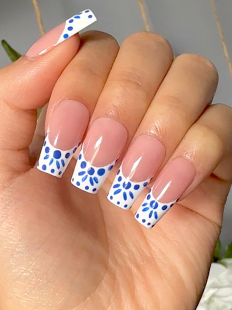 Clase Azul Blue and White Nails - Etsy