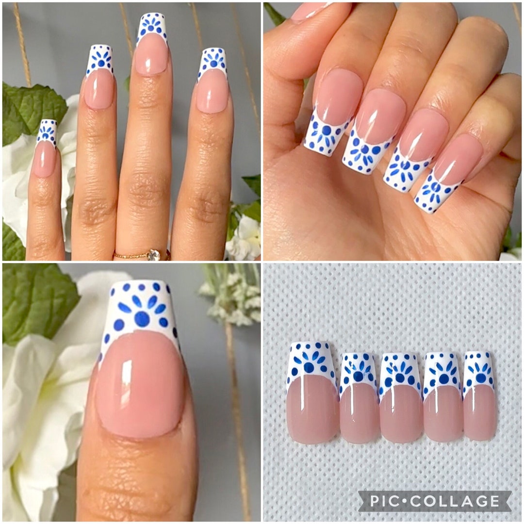 Clase Azul Blue and White Nails - Etsy