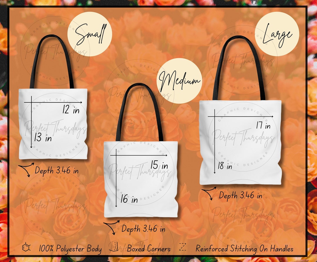 Floral Theme AOP Tote Bag Size Chart and Care Instructions Mockup Template, AOP Tote Bag Size ...