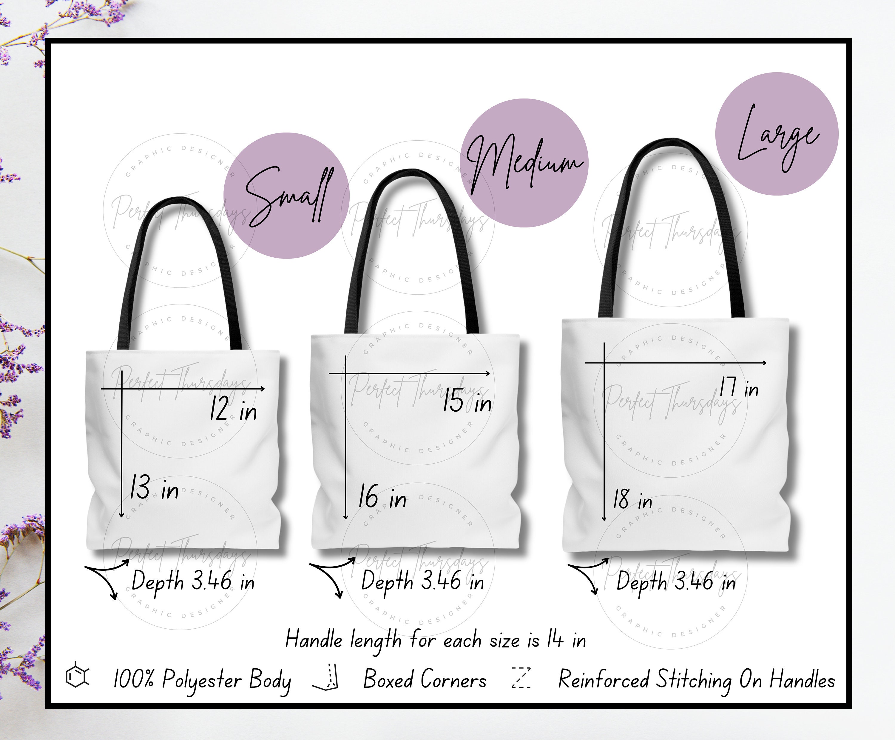 Minimalistic Theme Tote Bag Size Chart Care Instructions and Key Features Mockup, Minimalist ...