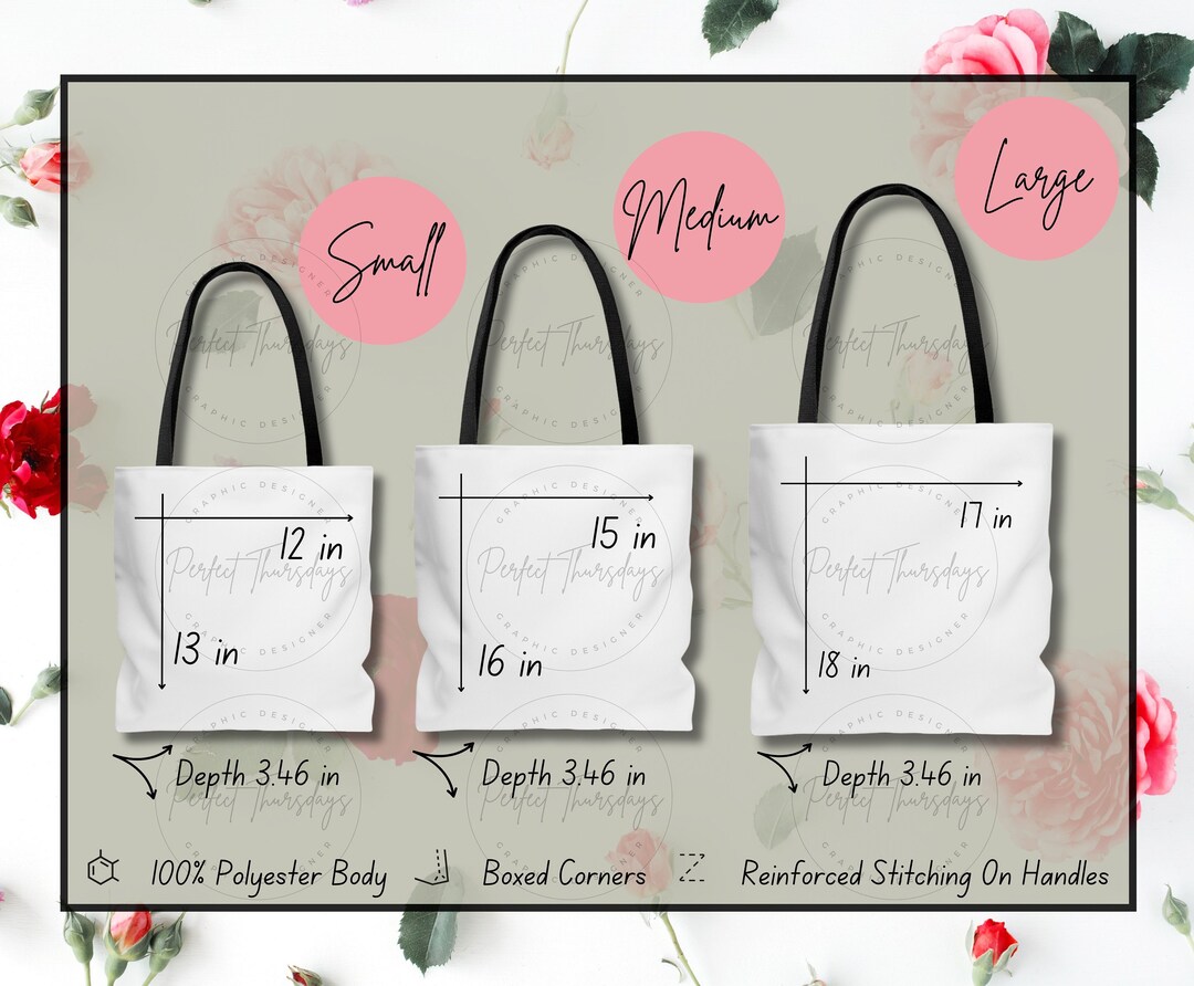 AOP Tote Bag Size Chart Mockup, Tote Bag AOP Size Guide Care Instructions and Key Features ...