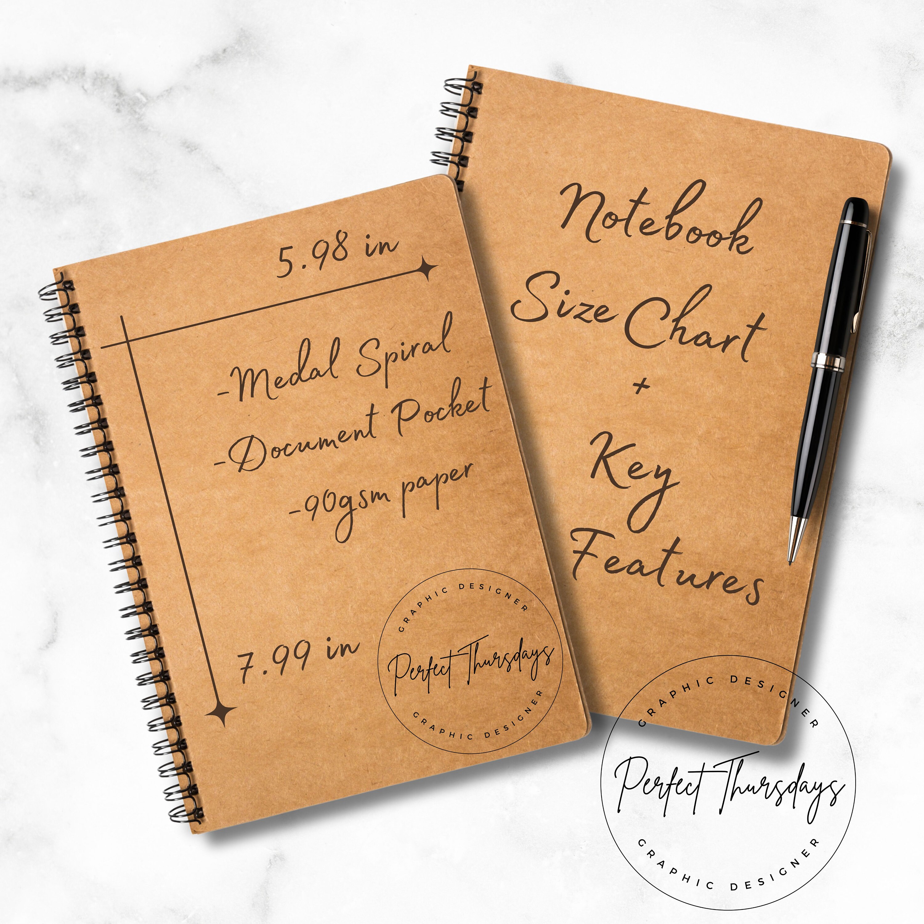 AOP Printify Notebook Size Guide and Key Features Mockup 1 - Etsy