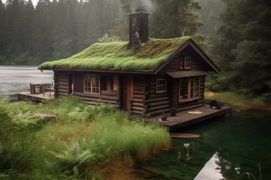Serene Eco-friendly Log Cabin: Ai-generated Digital Photo Collection - Etsy