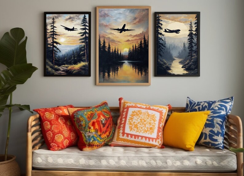 Masculine Wall Art, Wall Art for Men, Airplane Flying Over Silhouette ...