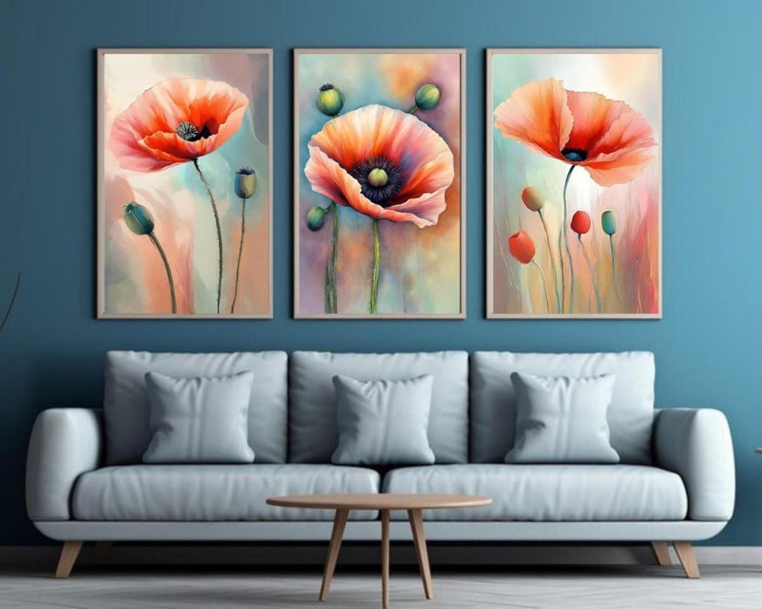 Red Poppies Pastel Painting Set of 3 Prints, Wall Decor, California ...