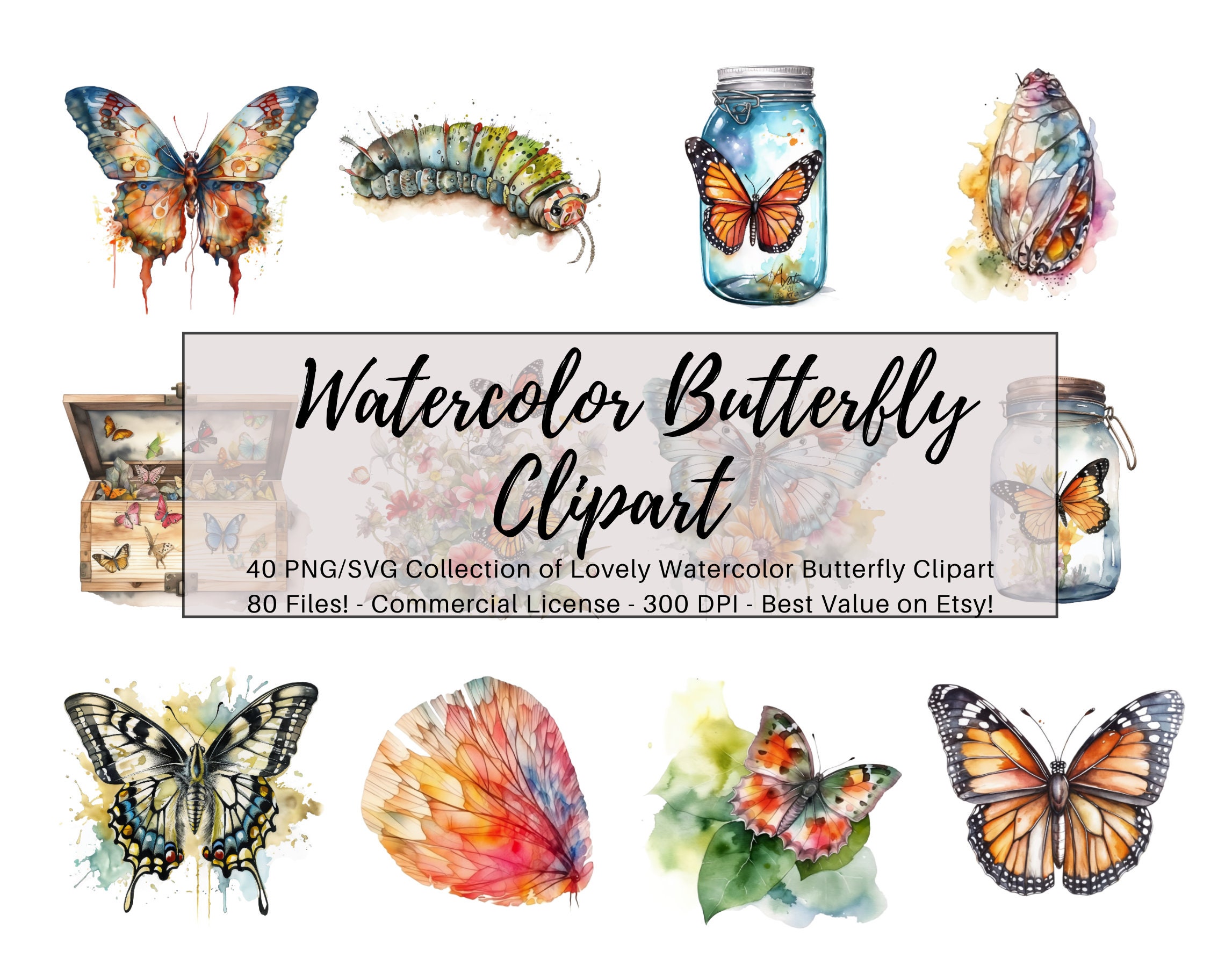 Watercolor Butterfly Clipart Collection Caterpillars, Cocoons, and More ...