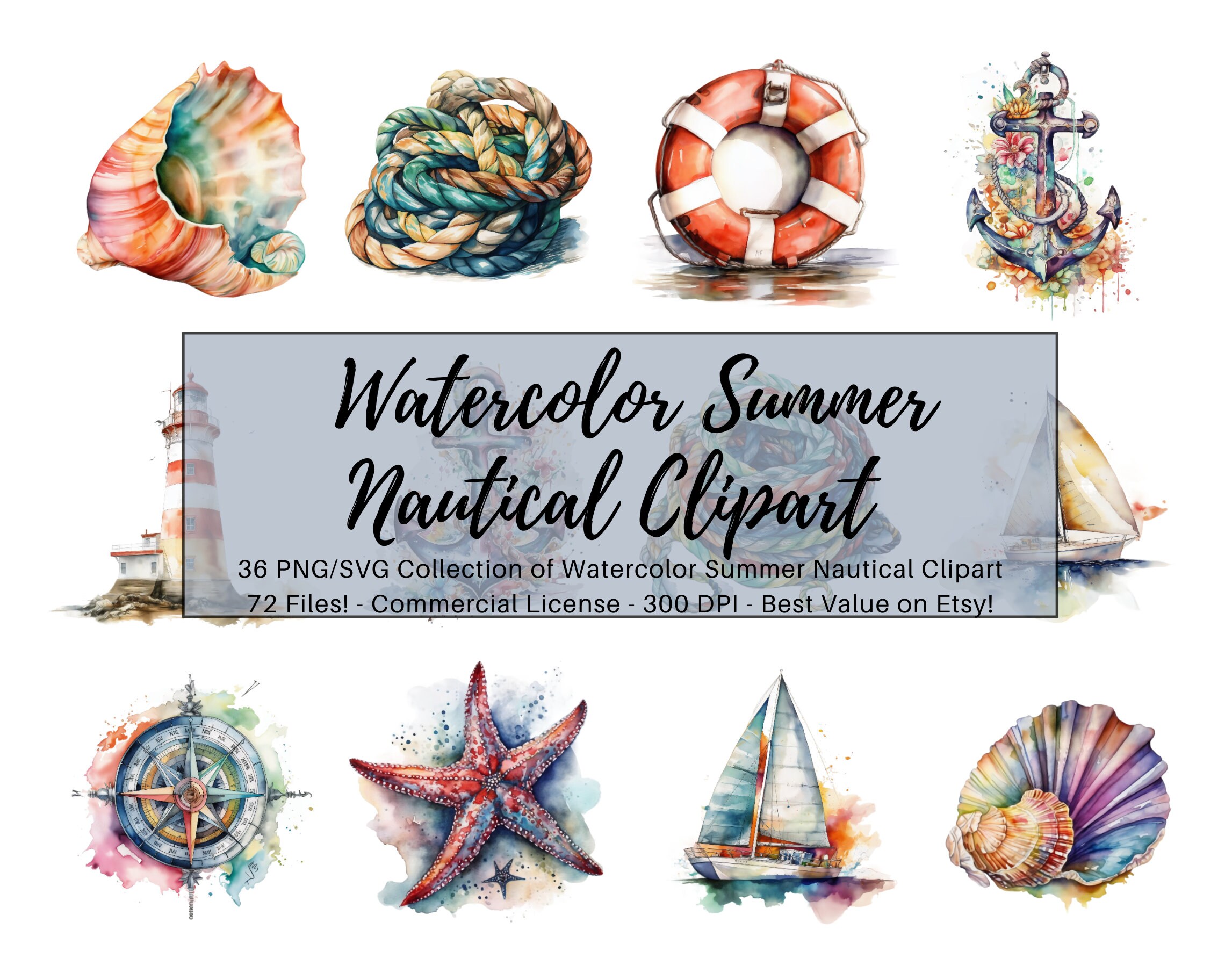 Watercolor Summer Nautical Clipart 36 Pngs/svgs Sailboats, Anchors ...