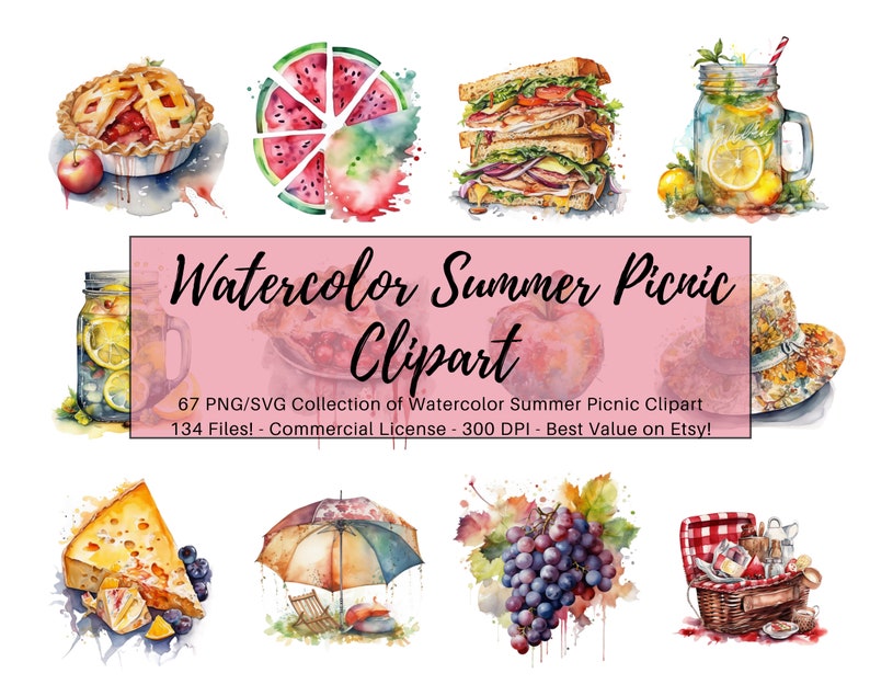 Watercolor Summer Picnic Clipart 67 PNG/SVG Images Picnic Baskets ...