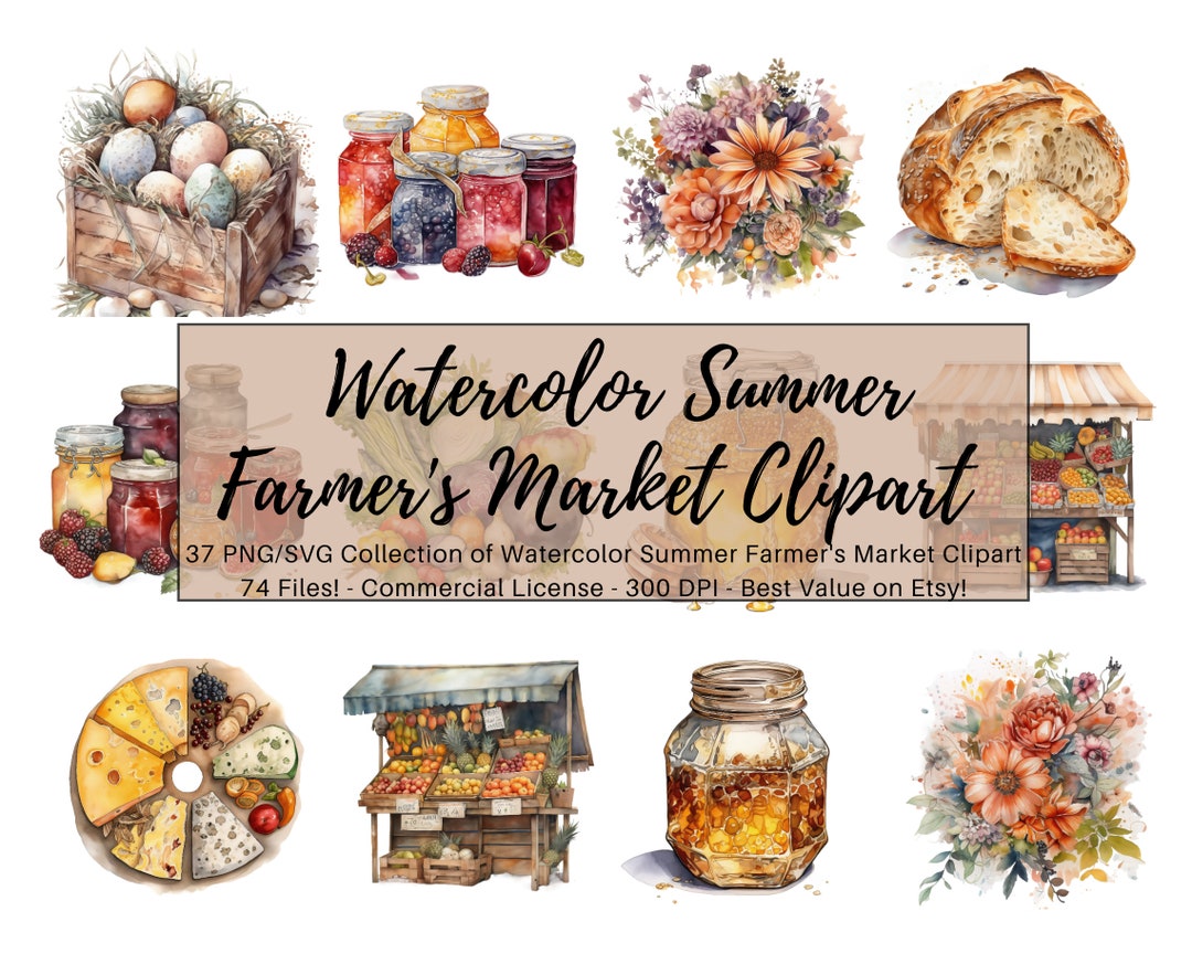 Watercolor Summer Farmer's Market Clipart 37 Pngs/svgs Jam, Vegetables ...