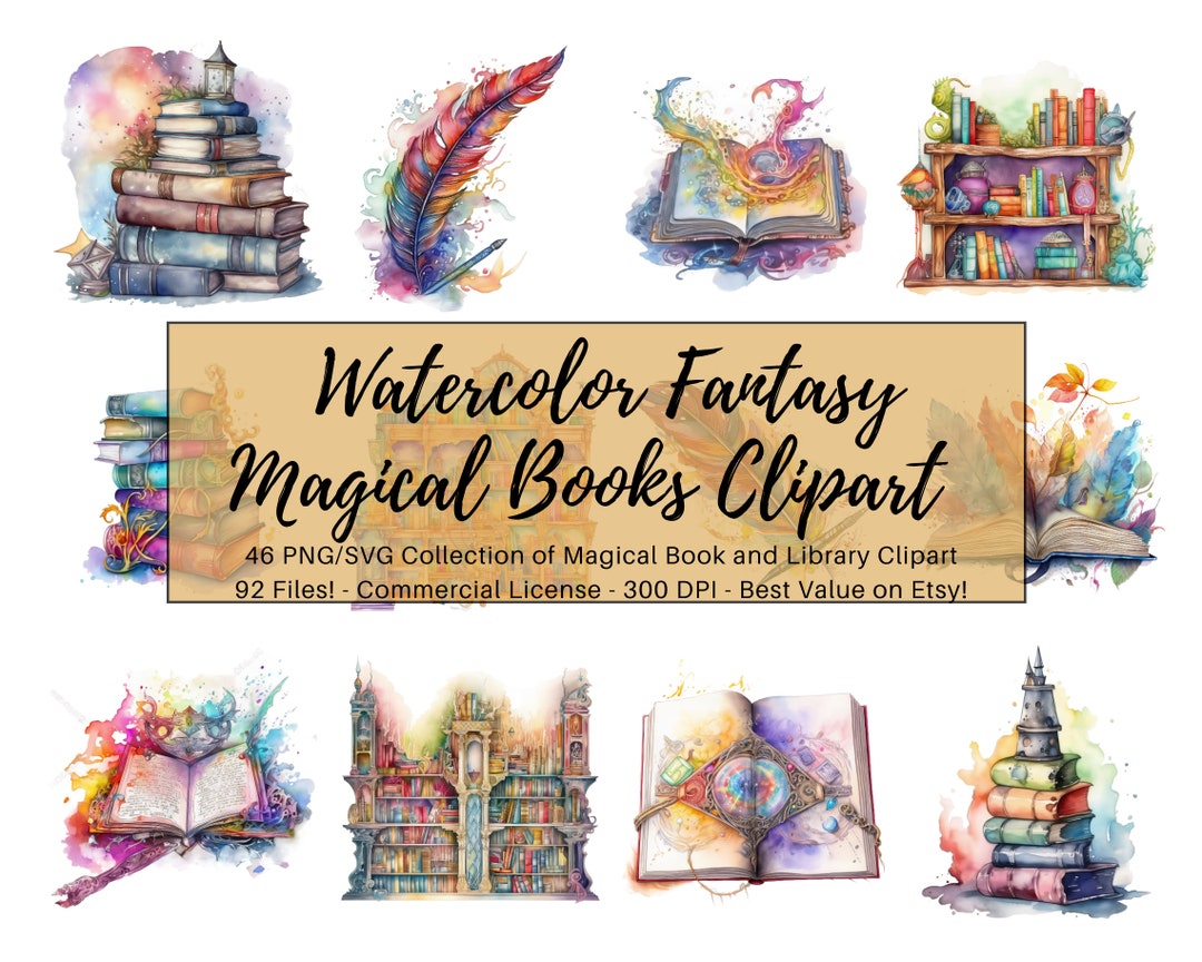 Fantasy Watercolor Magical Wizard Books and Library Clipart | 46 PNG ...