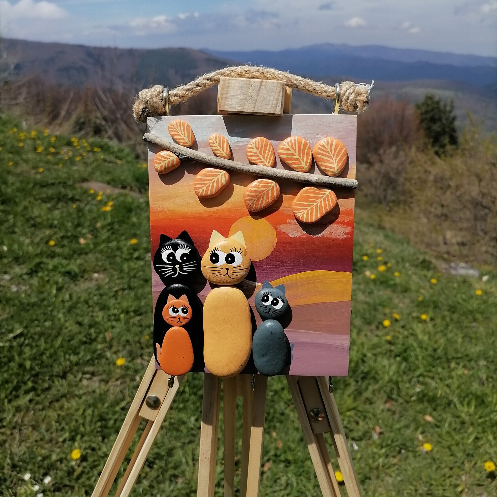 Pebble Art Picture and Wall Key Holder Cat Family of 4, Hand Paint ...
