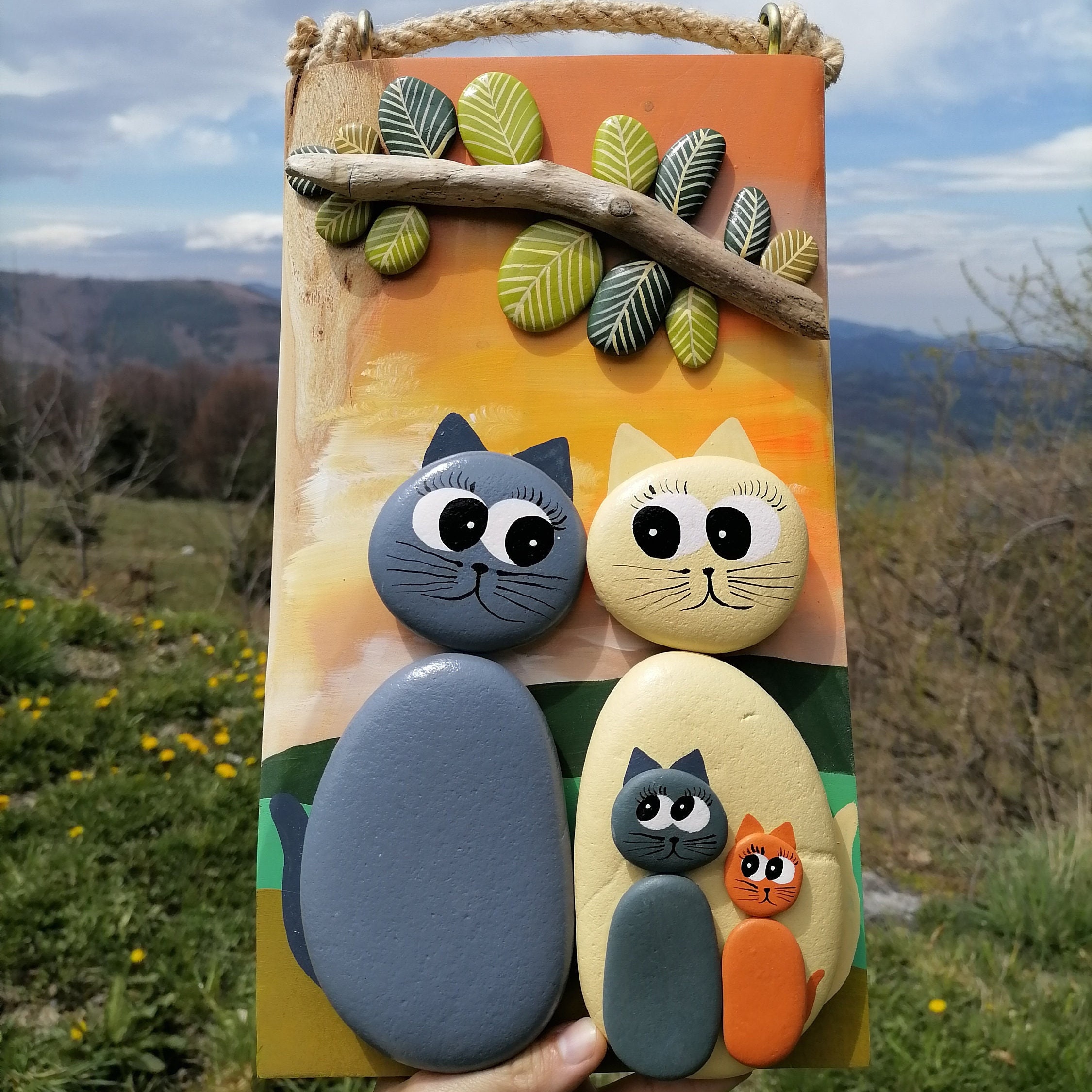 Cat Pebble Art Family Wall Hanging Pannel, Creative New Home Owners ...