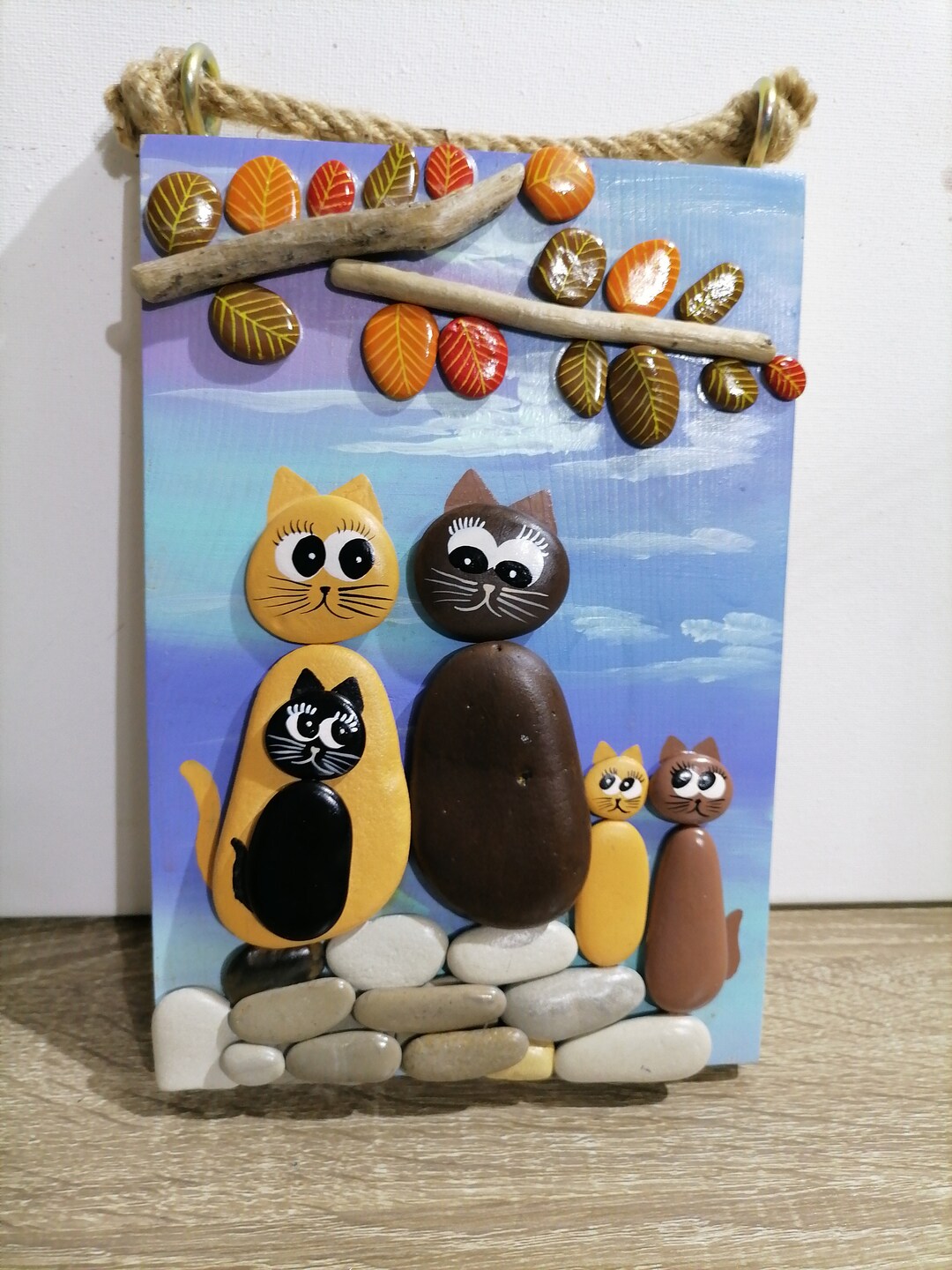 Autumn Pebble Art Picture Wall Decor, Cat Family of Five on Hand Paint ...