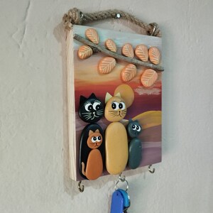 Pebble Art Picture and Wall Key Holder Cat Family of 4, Hand Paint ...