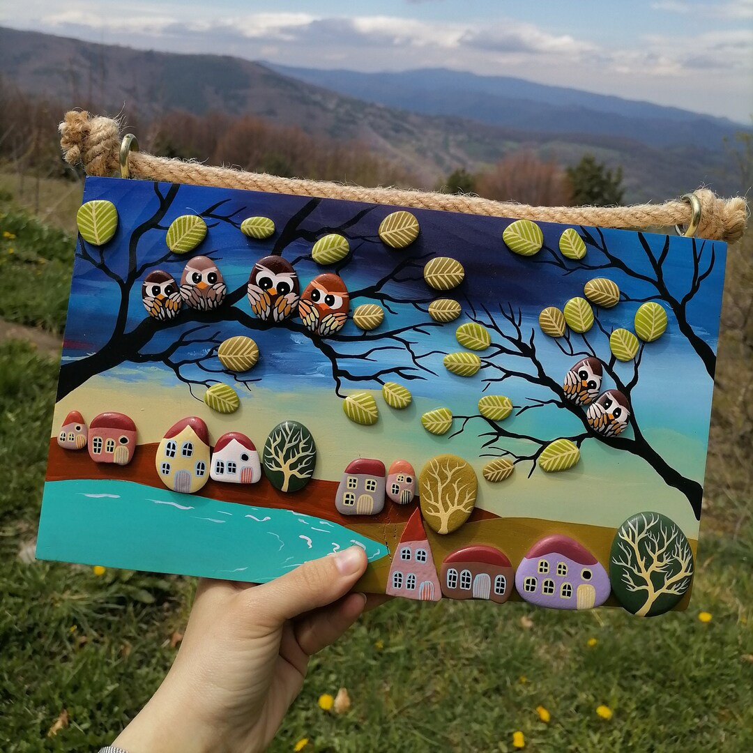 Owls Pebble Art Family Wall Hanging Panels, Birds on a Branch Painted ...