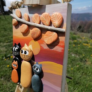 Pebble Art Picture and Wall Key Holder Cat Family of 4, Hand Paint ...