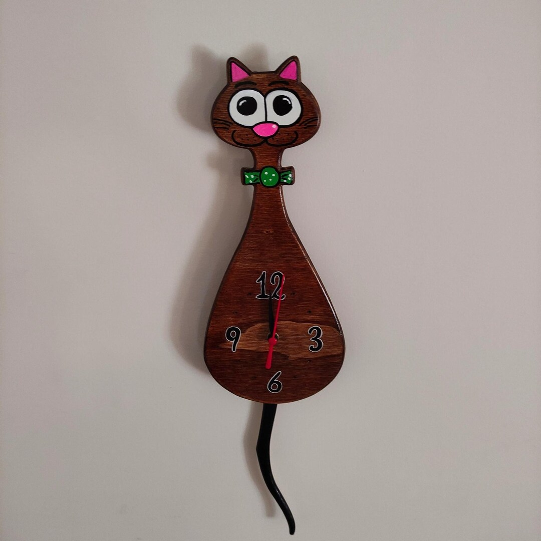 Personalized and Handcrafted Wood Wall Swinging Pendulum Cat Clock - Etsy