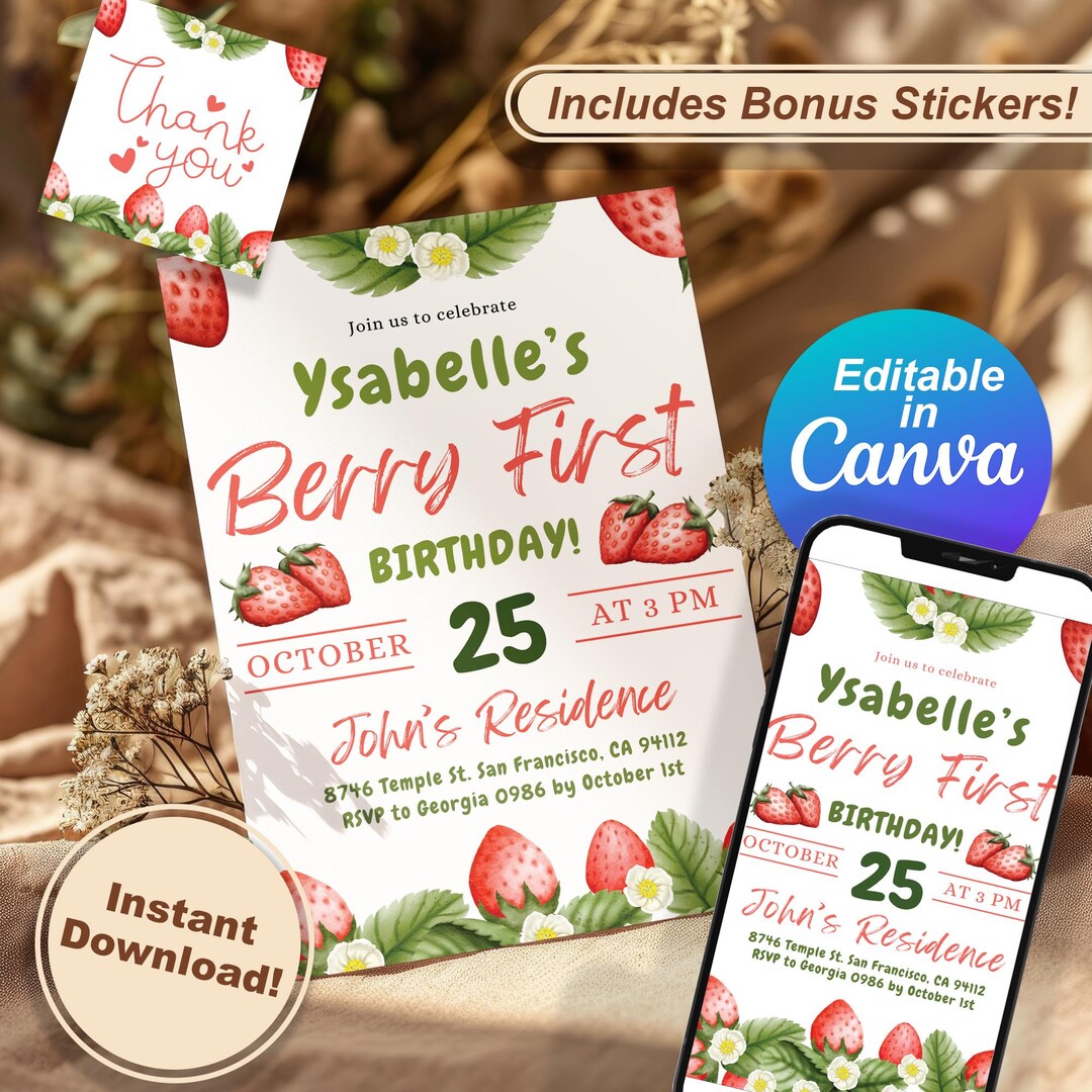 Editable Strawberry Invitation, Printable Berry First Birthday ...