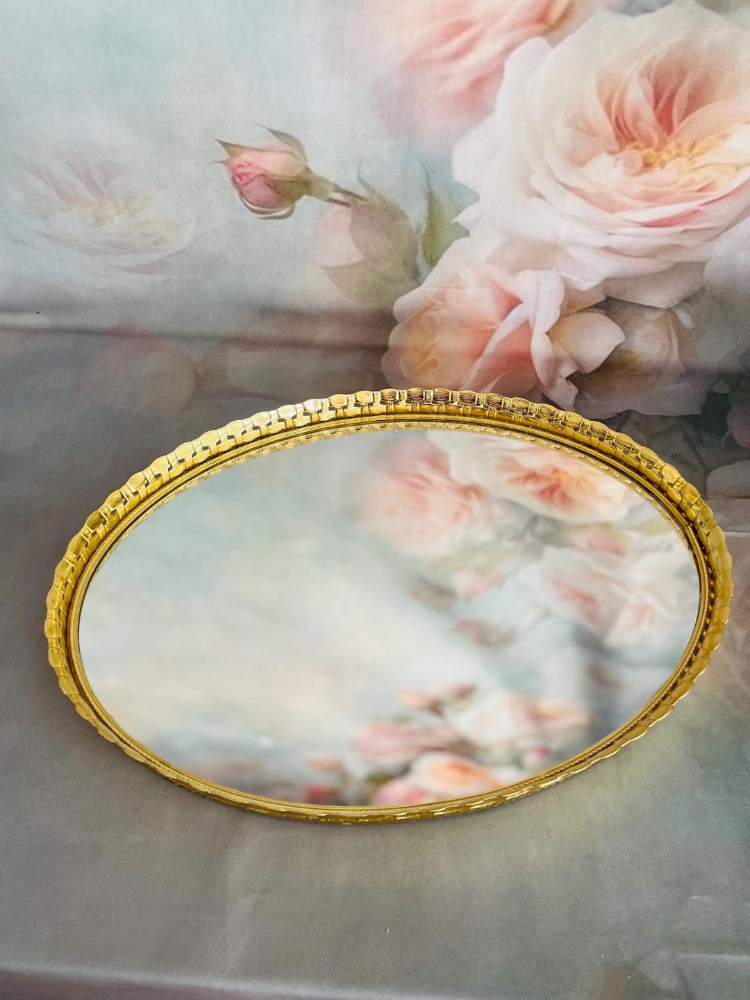 Gold Mirror Tray Vanity Perfume Storage Gold Basket Weave Oval Tray ...