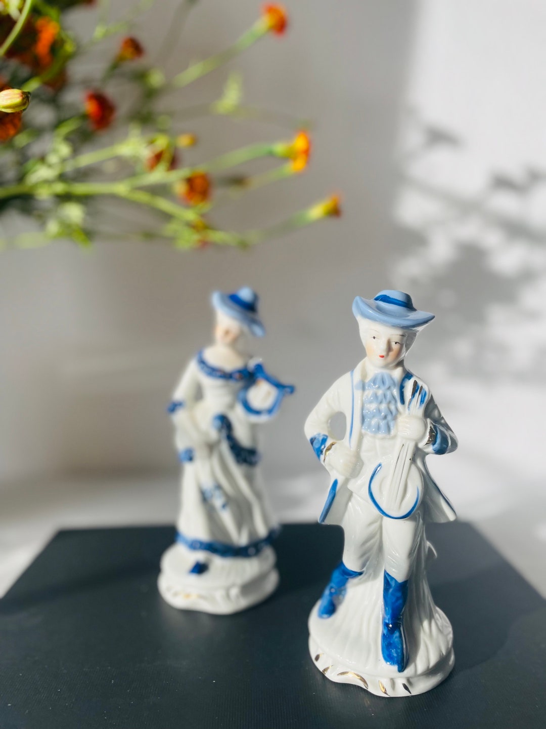 Delft Figurines Woman Man Musicians Harp Regency Bridgerton Couple Set ...