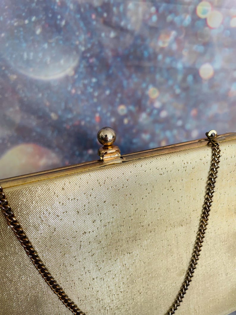 Vintage Gold Metallic Evening Bag Kiss Clutch Purse Chain Handle Mid ...