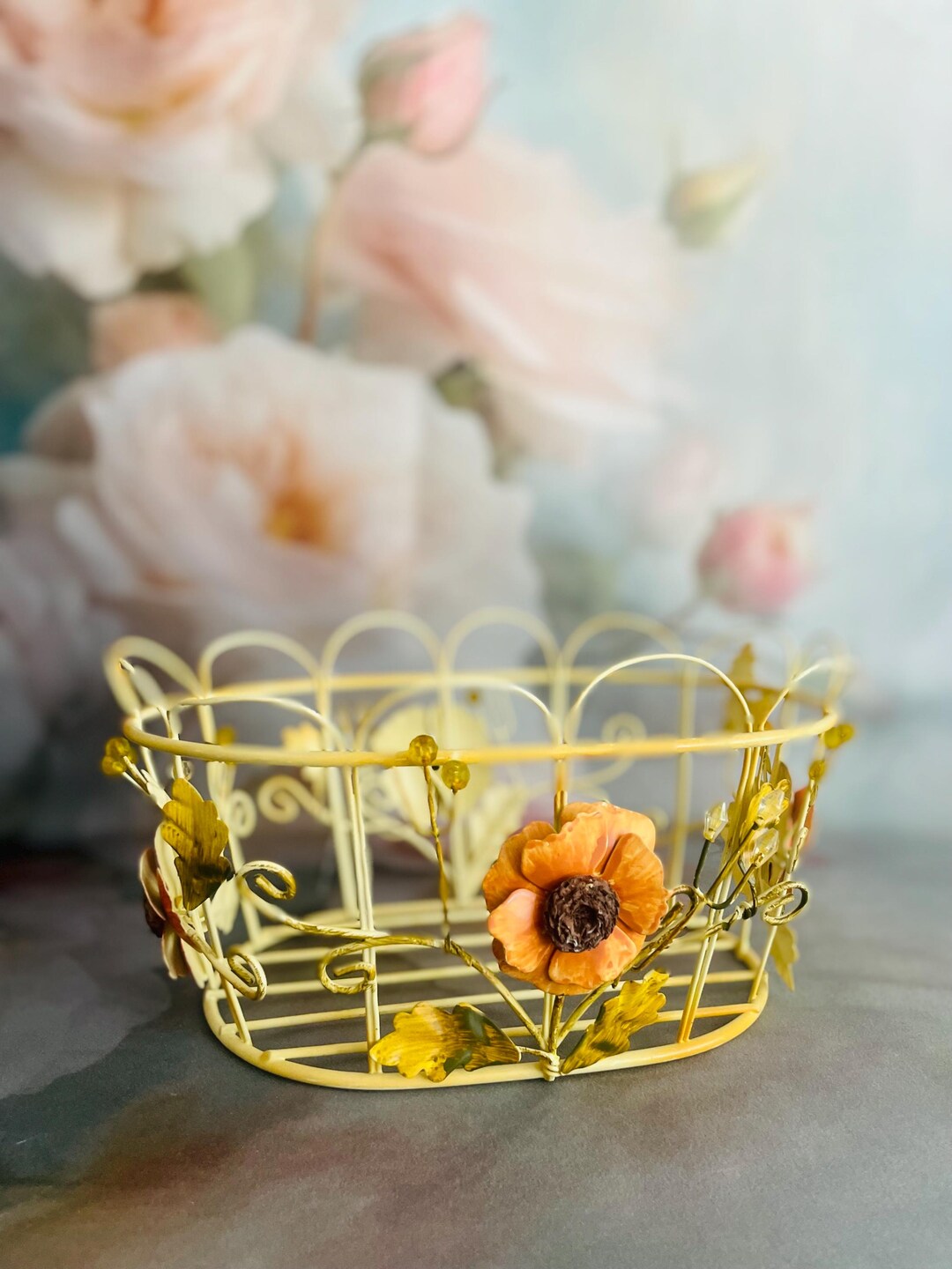Toile Flower Wire Basket Vintage Modern Fruit Bowl Unique Catchall ...