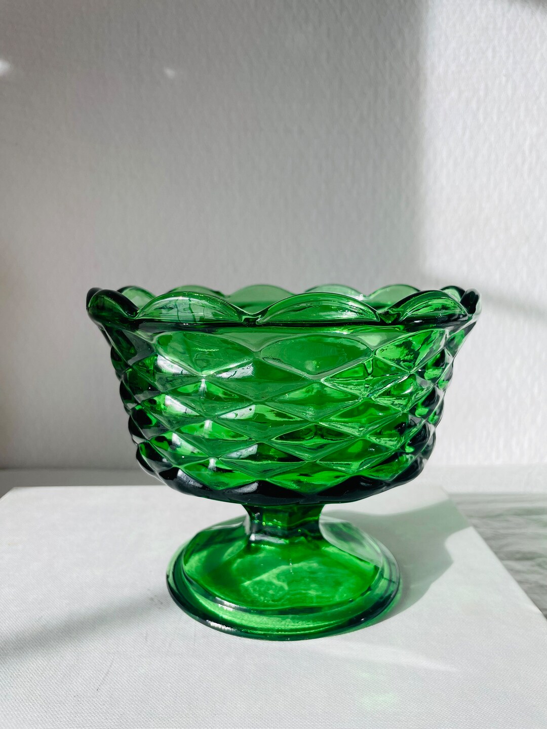 Emerald Compote Bowl Indiana Glass Diamond Pattern Footed Catchall ...