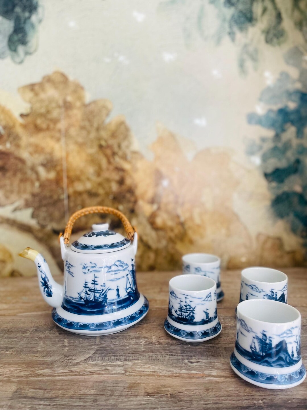 Japanese Porcelain Tea Set Blue White Nautical Ships 4 Cups - Etsy