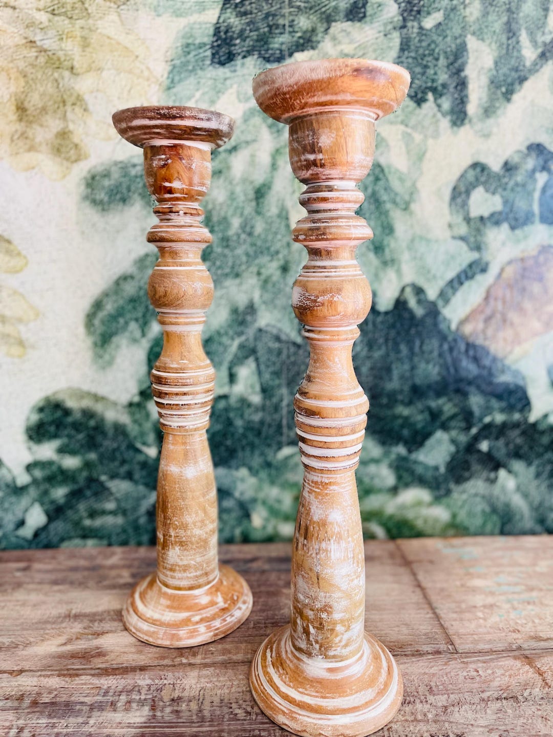 White Distressed Wood Candlesticks Pillar Candle Holder Rustic Modern ...
