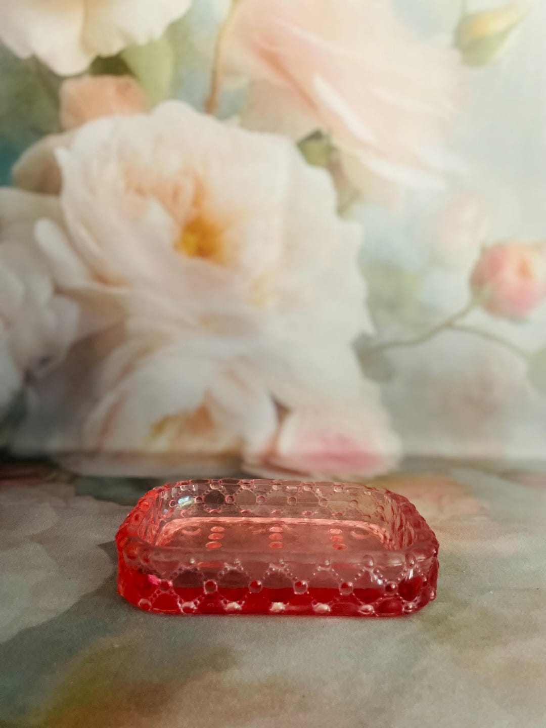 Pink Depression Glass Soap Dish Glass Catchall Cottage Decor Powder ...