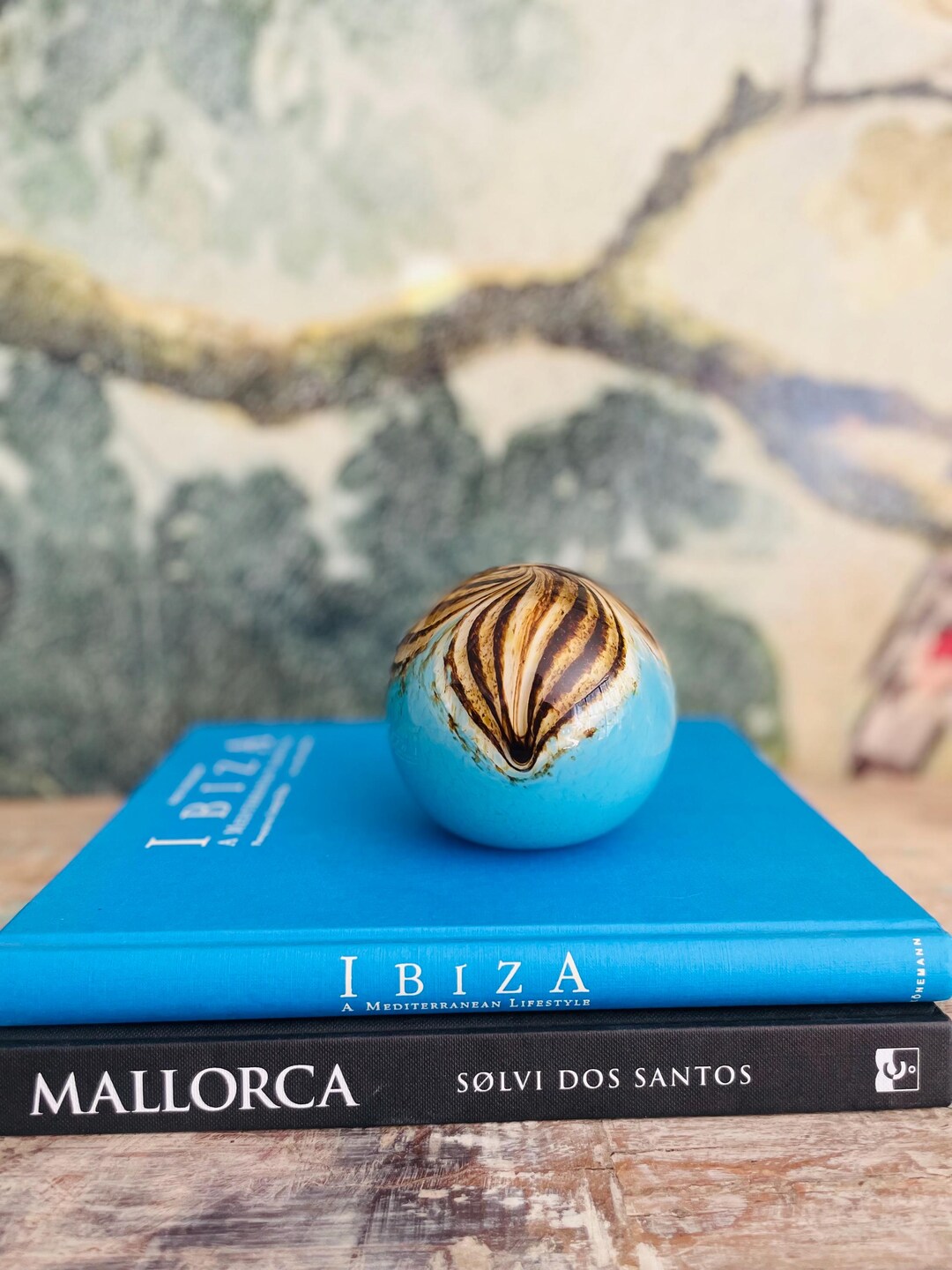 Glass Paperweight Turquoise Brown Swirl Glass Sphere Beach Cottage ...