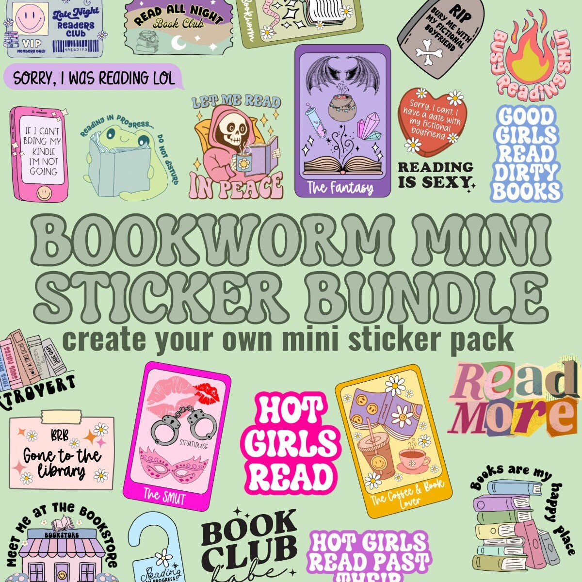 Bookworm Mini Sticker Pack Reading Theme Laptop Decals Cute Book Lover ...