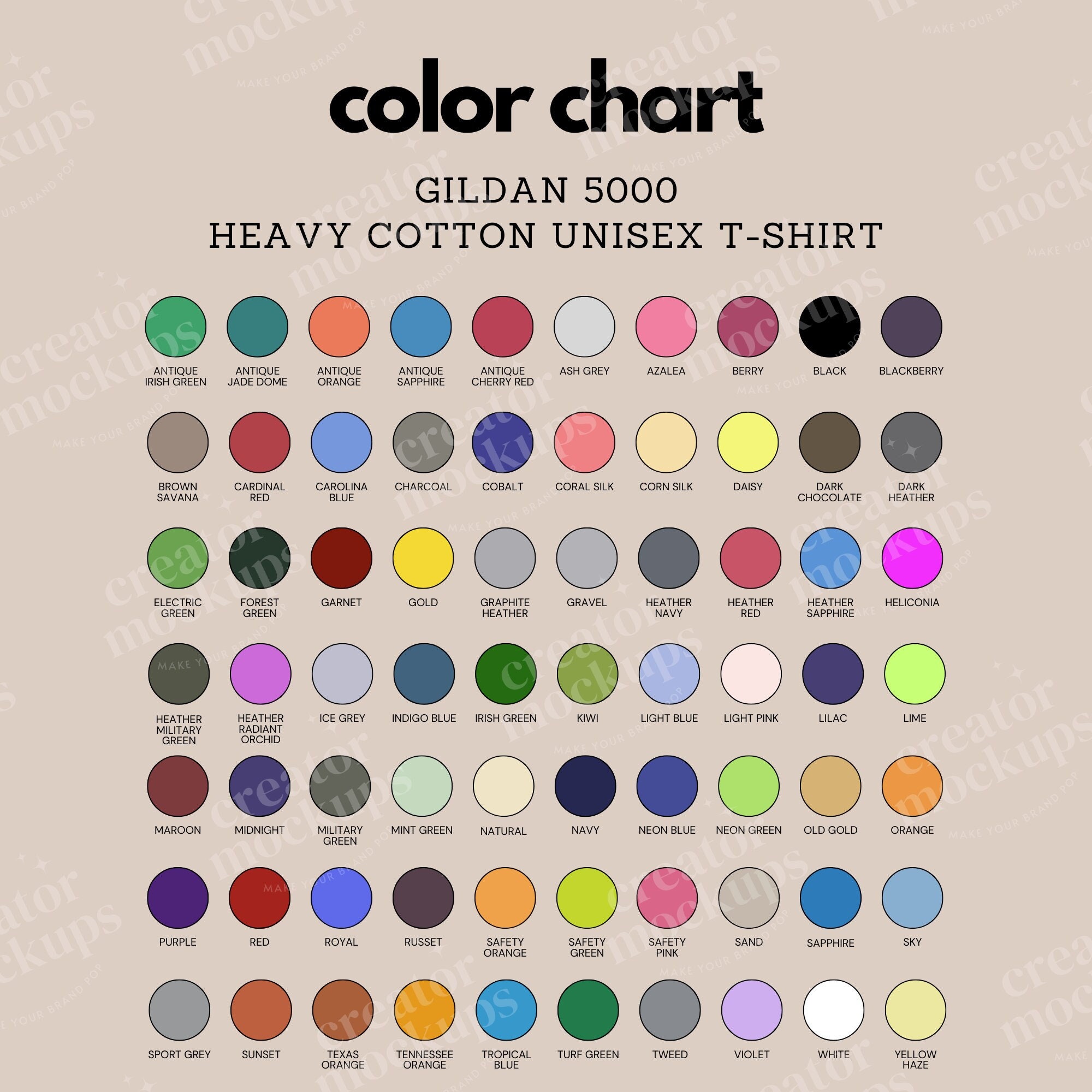 Gildan 5000 Color Chart, 2023 Color Range, G500 T-shirt Guide, Gildan ...