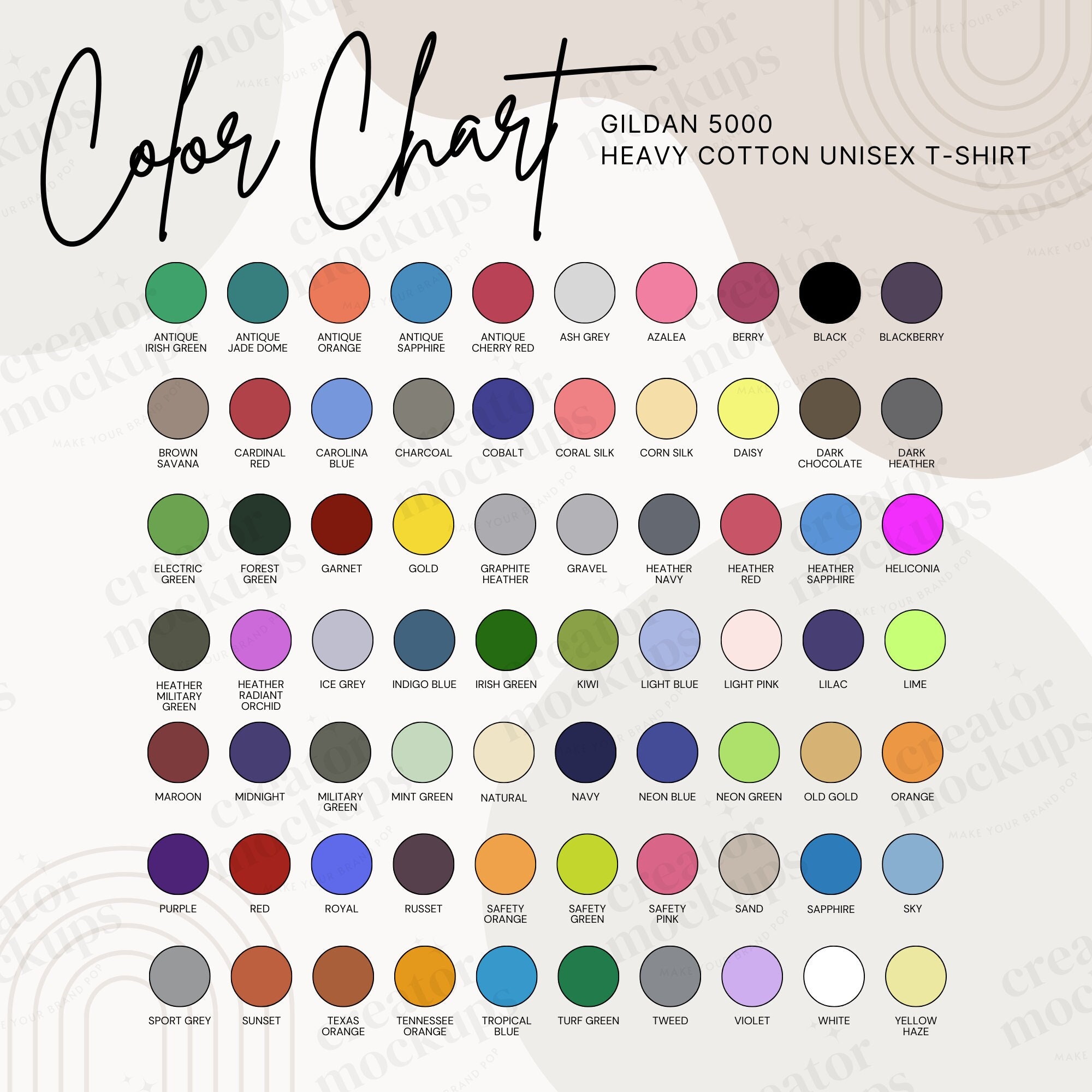 Gildan 5000 Color Chart, 2023 Color Range, G500 T-shirt Guide, Gildan ...