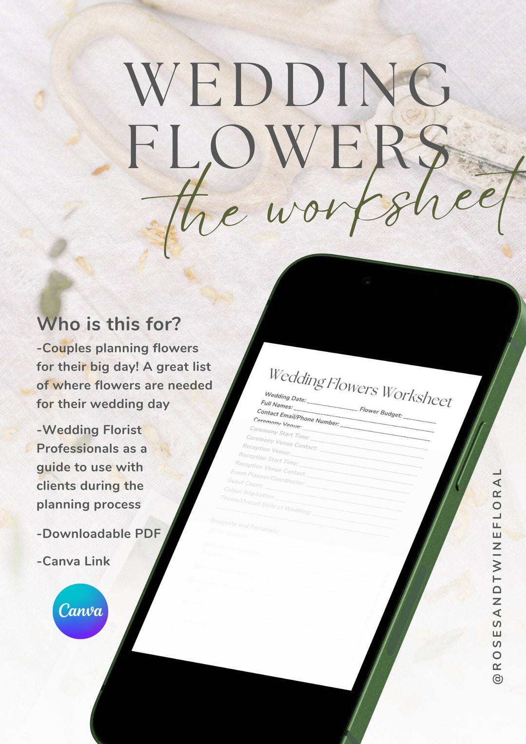 Wedding Flowers Planning Worksheet// Florist Consultation Worksheet ...