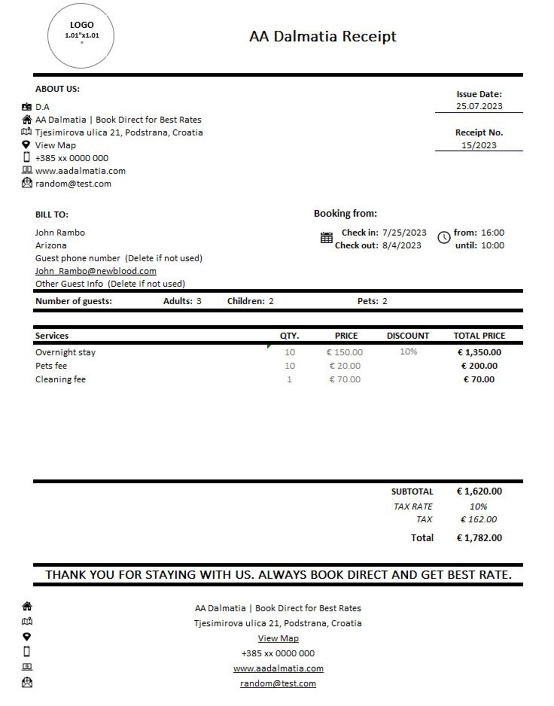 Vacation Rental Printable Receipt Short Term Rental Editable - Etsy