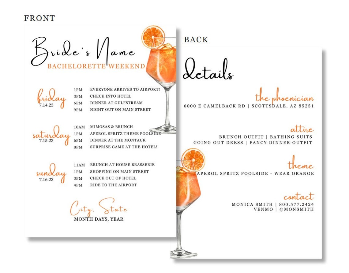 Aperol Spritz Weekend Itinerary Canva Digital Template Bachelorette ...