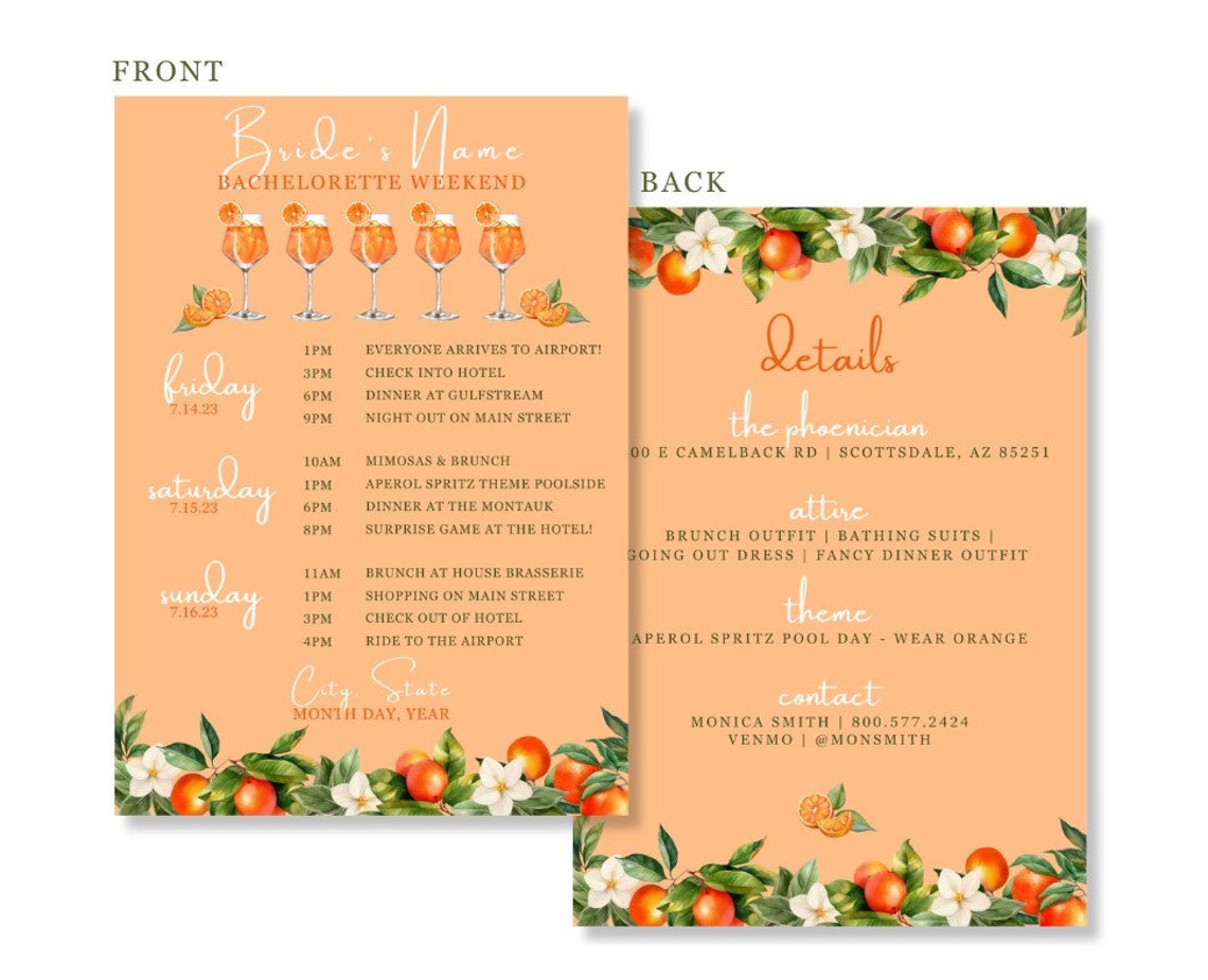 Aperol Spritz Weekend Itinerary | Canva Digital Template | Bachelorette ...