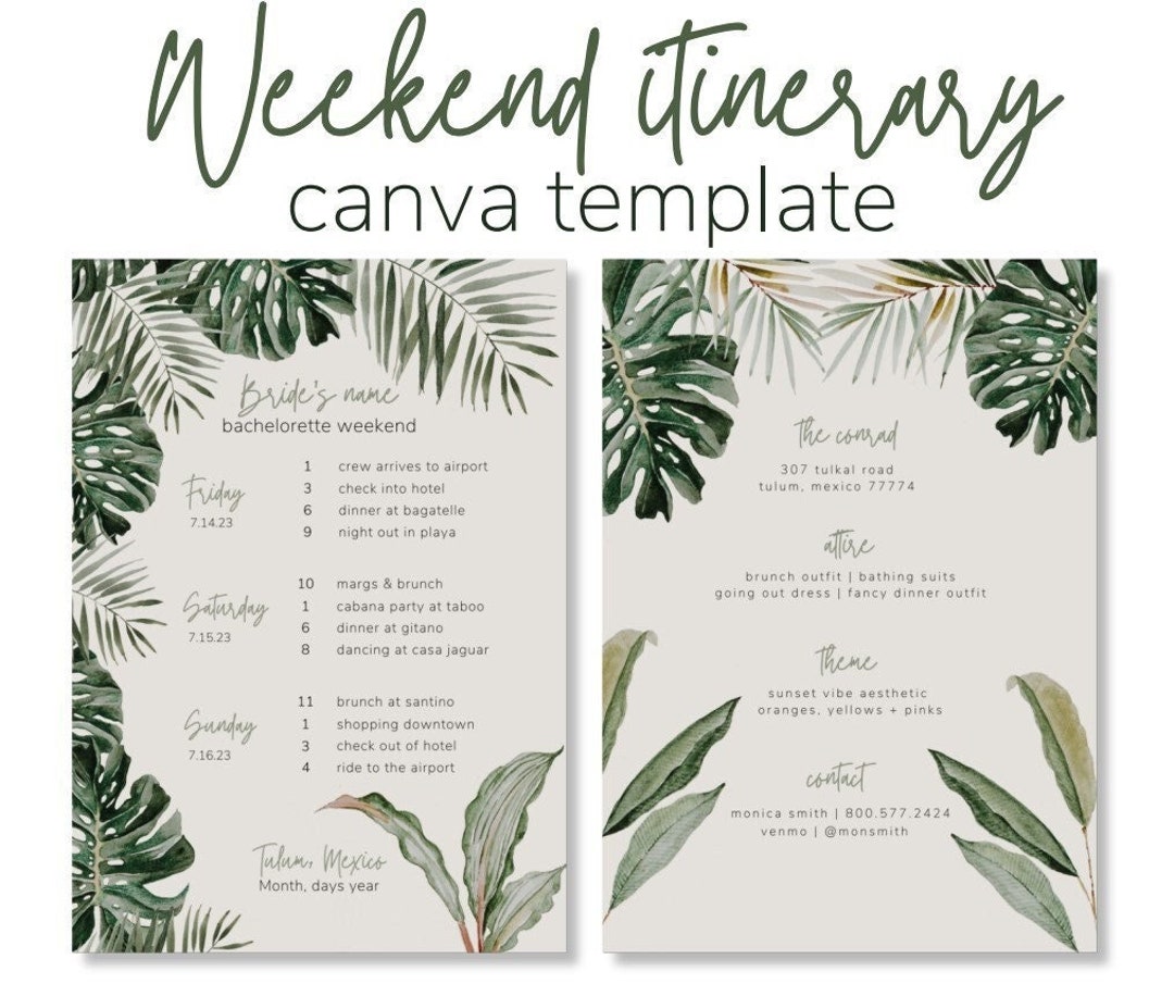 Minimalist Weekend Itinerary | Canva Digital Template | Bachelorette ...