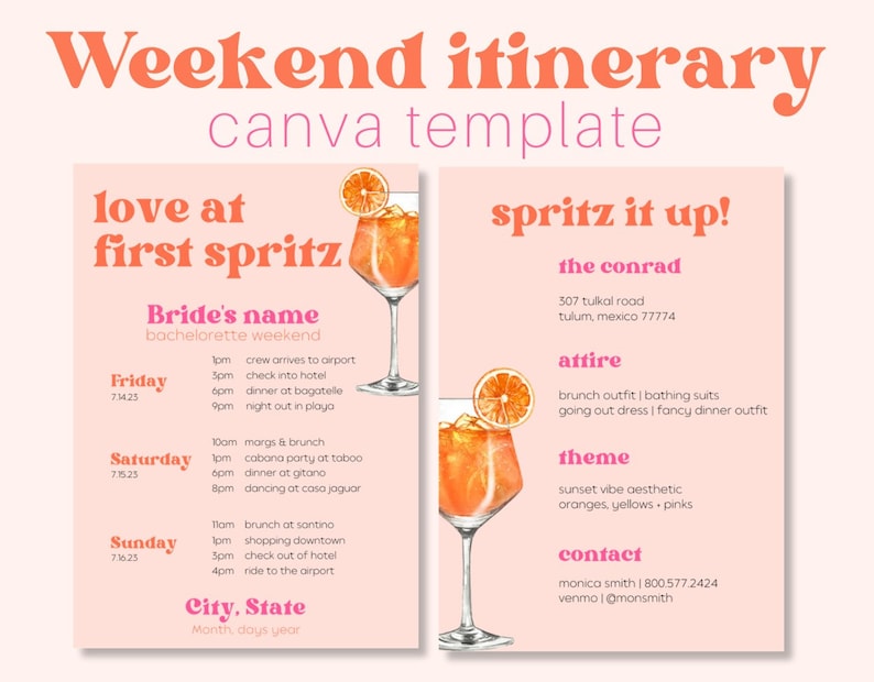 Aperol Spritz Weekend Itinerary | Canva Digital Template | Bachelorette ...