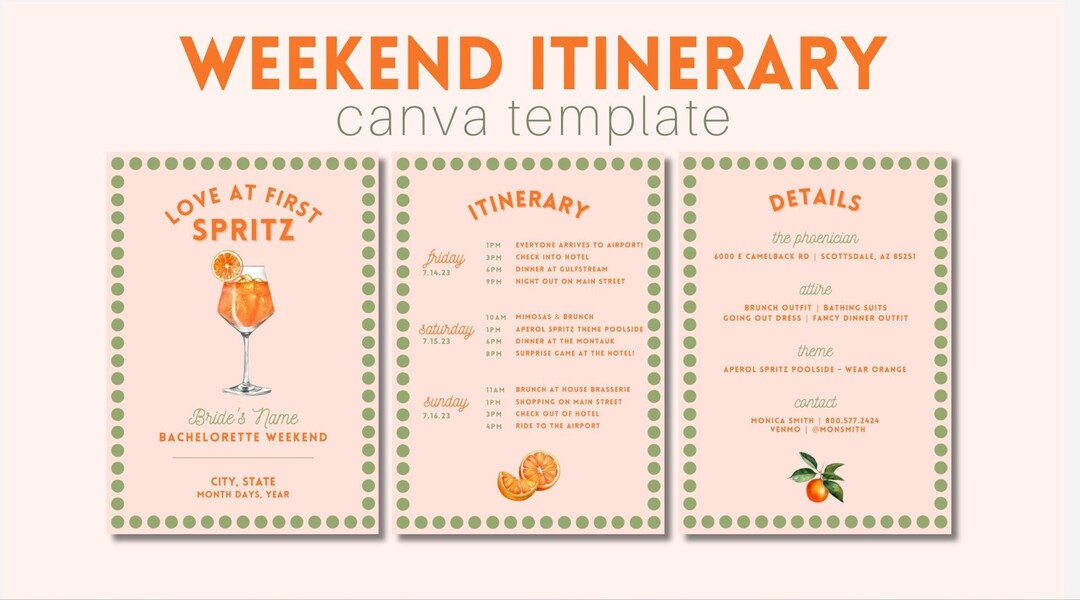 Aperol Spritz Weekend Itinerary | Canva Digital Template | Bachelorette ...