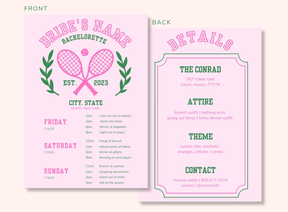 Preppy Tennis Weekend Itinerary | Canva Digital Template | Bachelorette ...