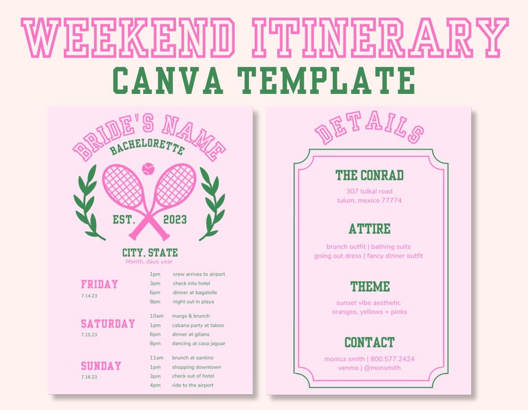 Preppy Tennis Weekend Itinerary | Canva Digital Template | Bachelorette ...